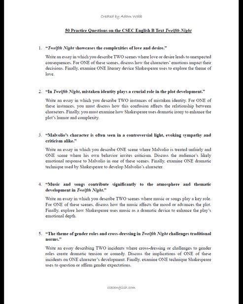 "Twelfth Night" Exam-Type Practice Questions for CSEC English B